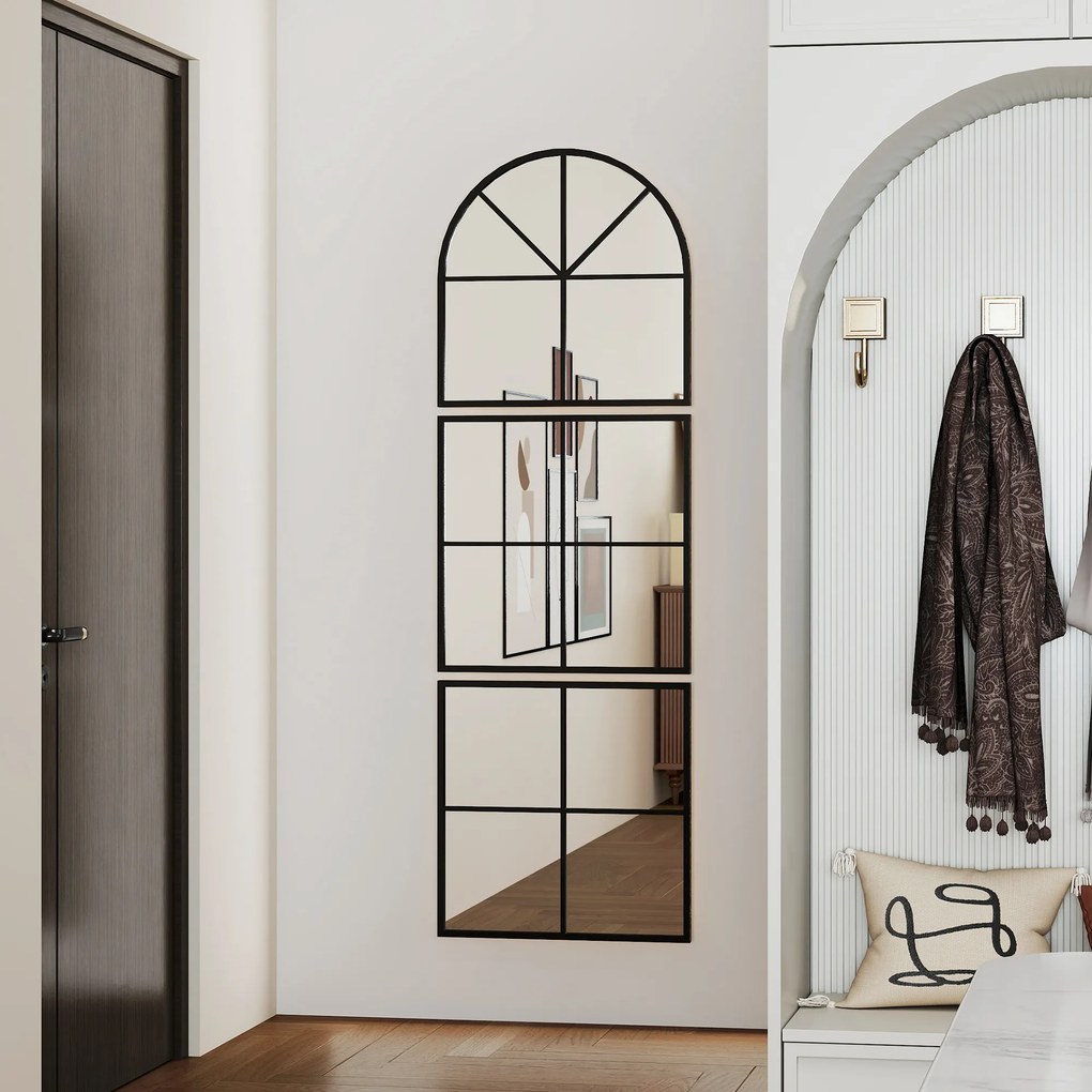 HOMCOM nástěnné zrcadlo 60 x 180 cm trojdílné, zakřivené zrcadlo s kovovým rámem, dekorativní visící zrcadlo, okno zrcadlo pro koupelnu a obývací pok…