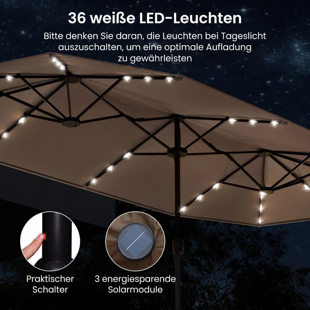 Costway Dvojitý slunečník se stojanem a LED světly a UPF 50+, hnědý