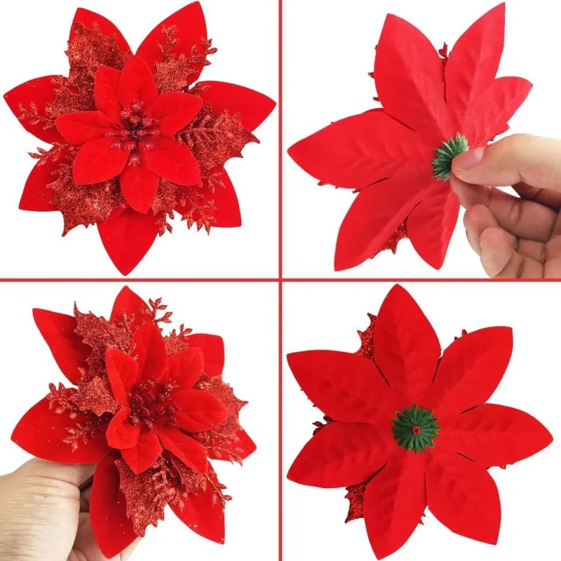 Flamenco Mystique Květina na vánoční stromek s klipem vánoce xxl 14 cm červený třpyt woz04cze.