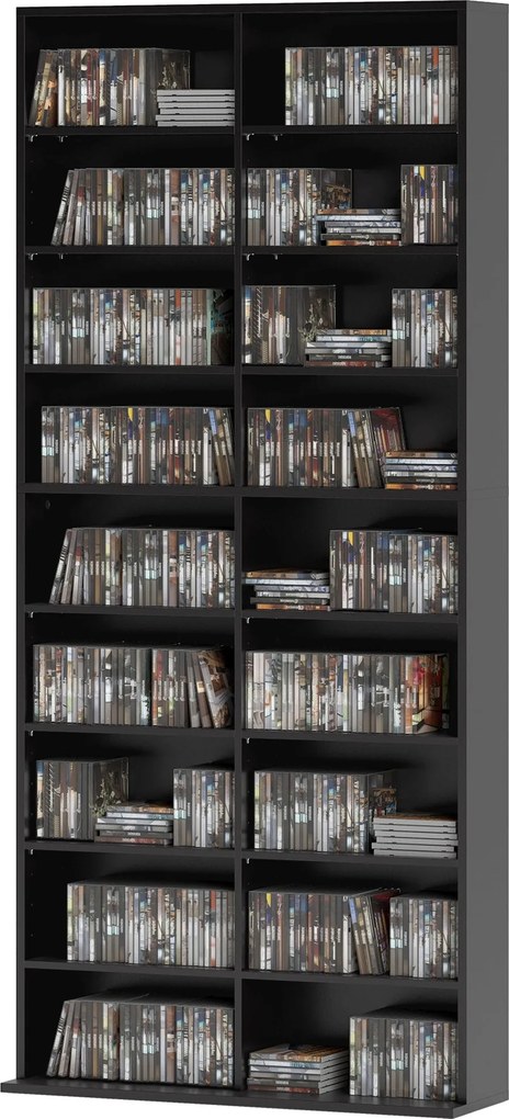 HOMCOM Moderní CD Kniha s 18 policemi pro 640 CD, Šatní skříň na CD z DTD, 78,5x24x175 cm, Černá | Aosom