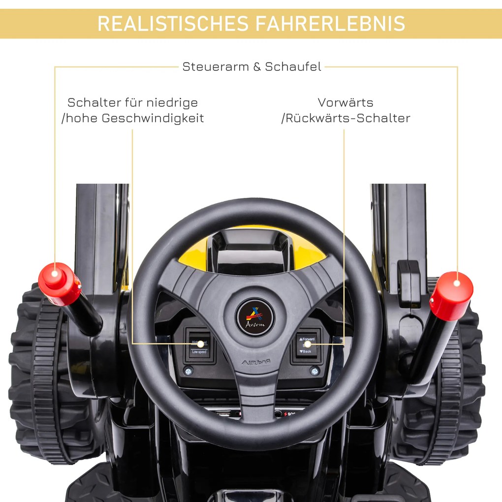 HOMCOM Dětské elektrické sedátko bagr 2 rychlostní stupně s volantem a ramenem lopaty pro 3-5 let do nosnosti 25 kg, žluté | Aosom.de