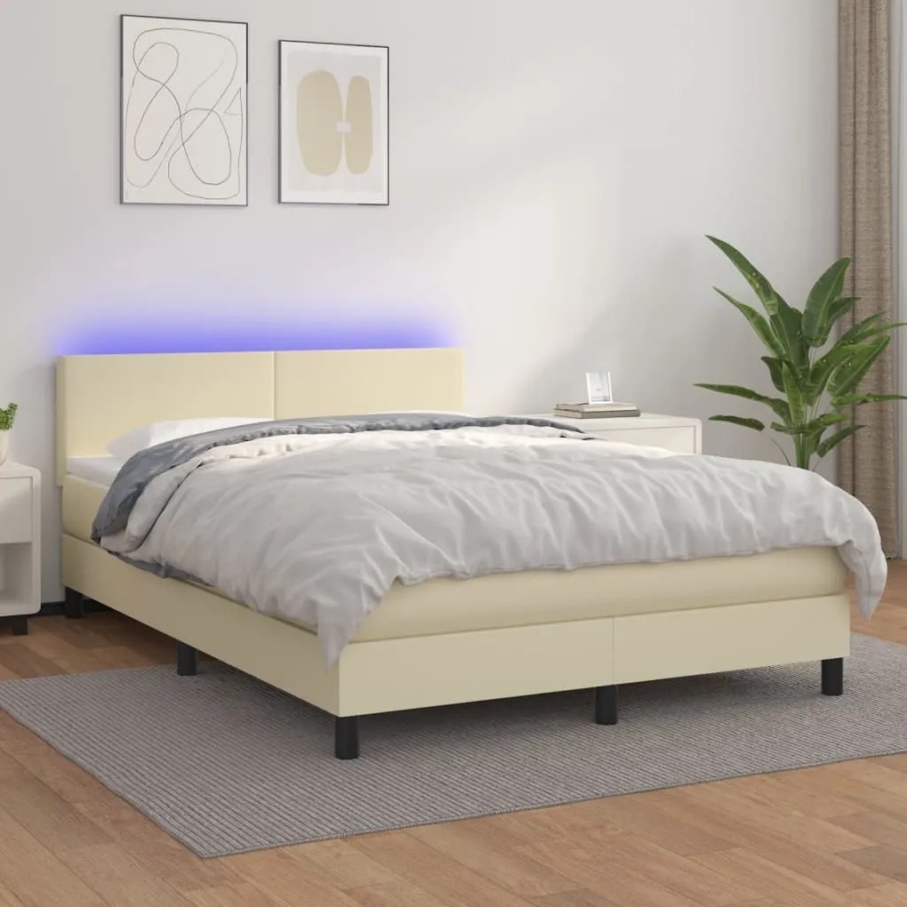 Box spring postel s matrací a LED krémová 140x200 cm umělá kůže 3134107