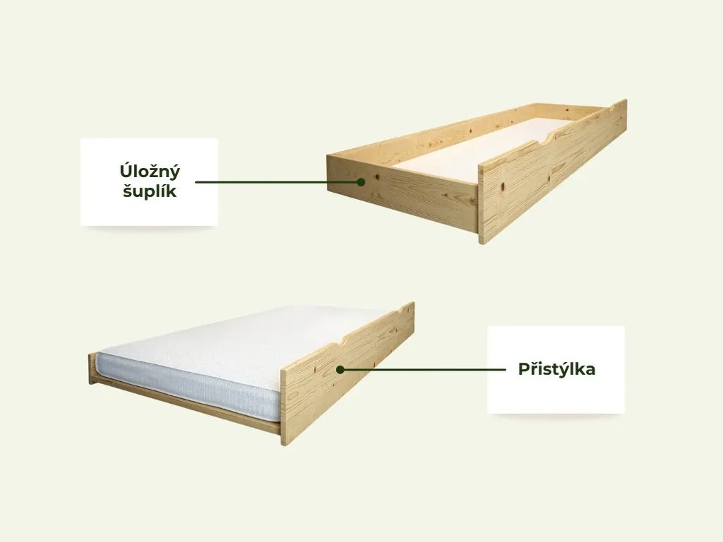 Patrová postel ze dřeva ARARAT pro 3 osoby 90x200 cm, 140x200 cm Zvolte barvu: Bílá, Zvolte šuplík: Přistýlka 90x190 cm