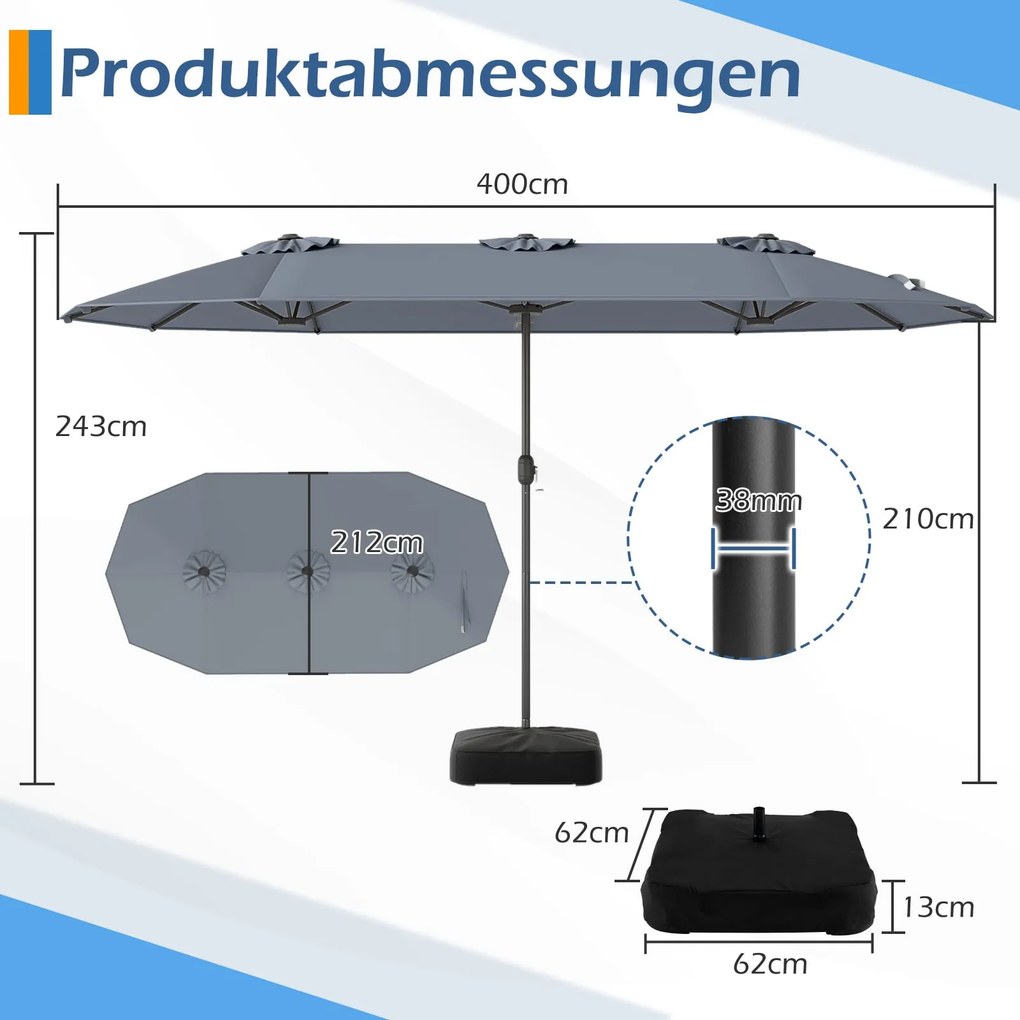Costway Dvojitý slunečník se stojanem UPF 50+ antracit – 400 × 200 cm, šedá