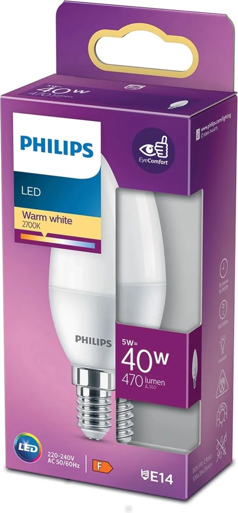 Philips Classic LED žárovka E14, 5 W, 470 lm, 2700 K, tvar svíčky