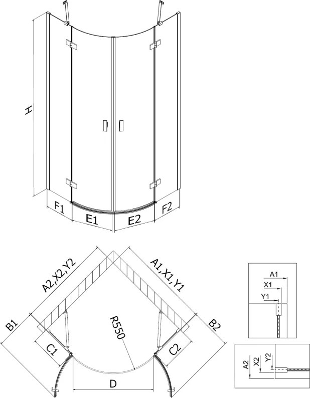 Mexen Mist, půlkruhový výklopný sprchový kout 70 x 70 cm, čiré sklo, zlatý lesklý profil, 8A33-070-070-50-00