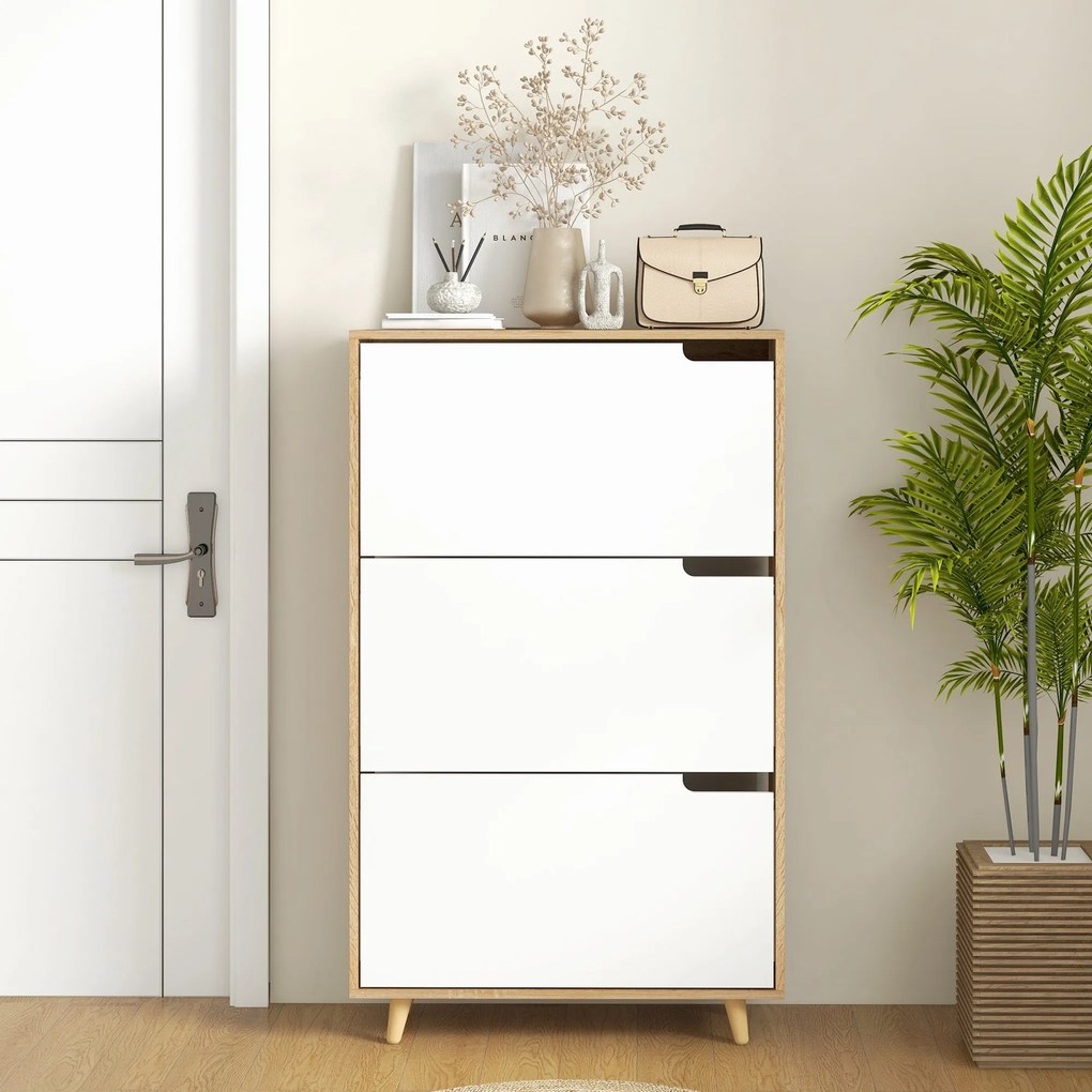 HOMCOM Botník se 3 dveřmi, regál na boty s nastavitelnou policí, 72Š x 24H x 119V cm, Přírodní a Bílý | Aosom