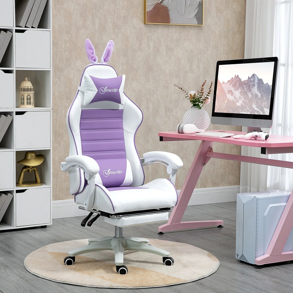 Herní židle ergonomická s podnožkou králičí uši 135° polohovací kancelářská židle nastavitelná výška bederní opěrka opěrka hlavy koženka fialová