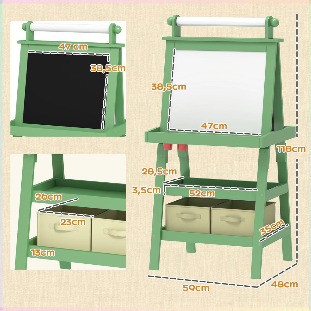 AIYAPLAY AIYPLAY Dětský easel 3v1 Magnetická oboustranná tabule s papírovým válcem a úložnými košíky 59x48x118 cm Zelená