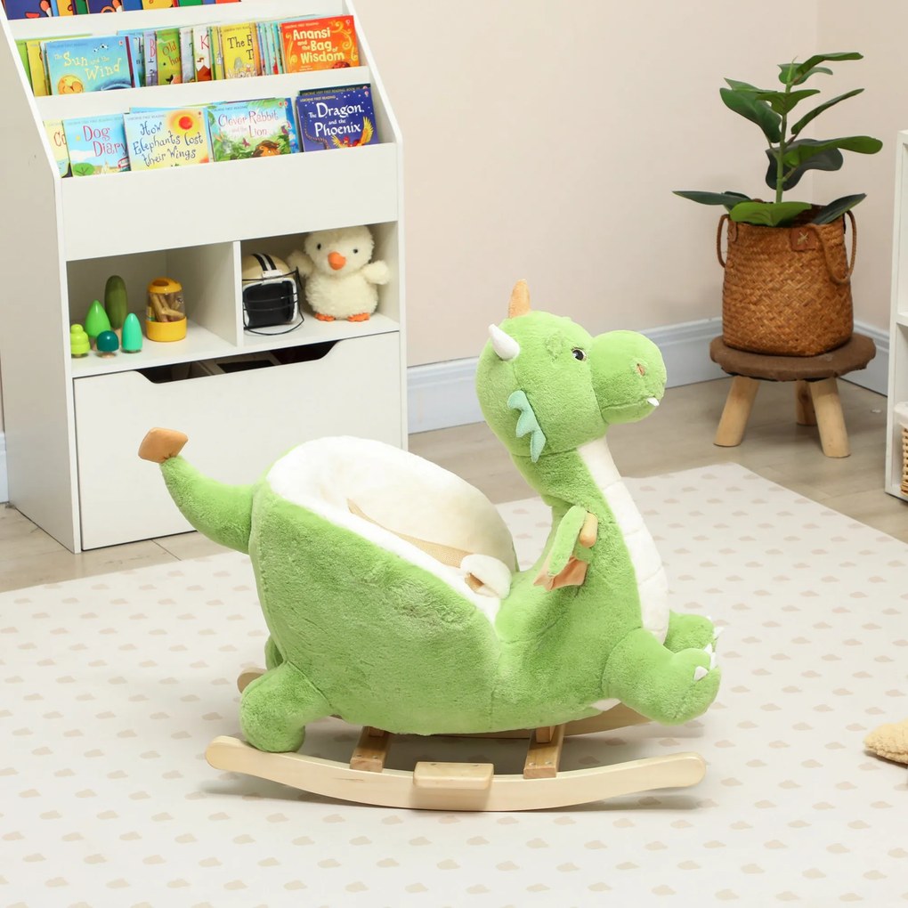 AIYAPLAY Houpací zvíře, Houpací dinosaurus, interaktivní zvuky zvířat, měkké výplně, dřevěný rám, 73 x 39 x 66 cm, Zelená