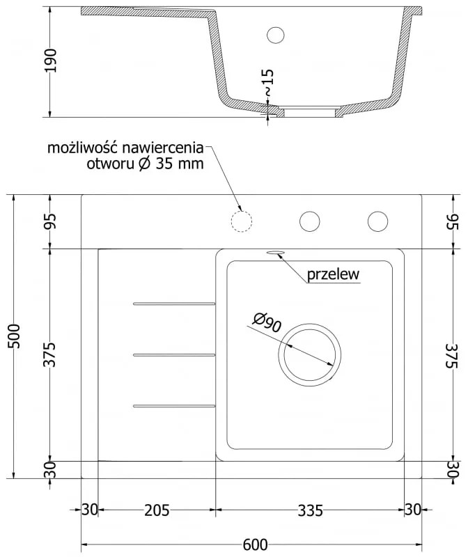 Mexen Ben, 1-komorový granitový dřez 600x500x190 mm, pravý + černý sifon, černá-stříbrná metalíza, 6523605000-73-B