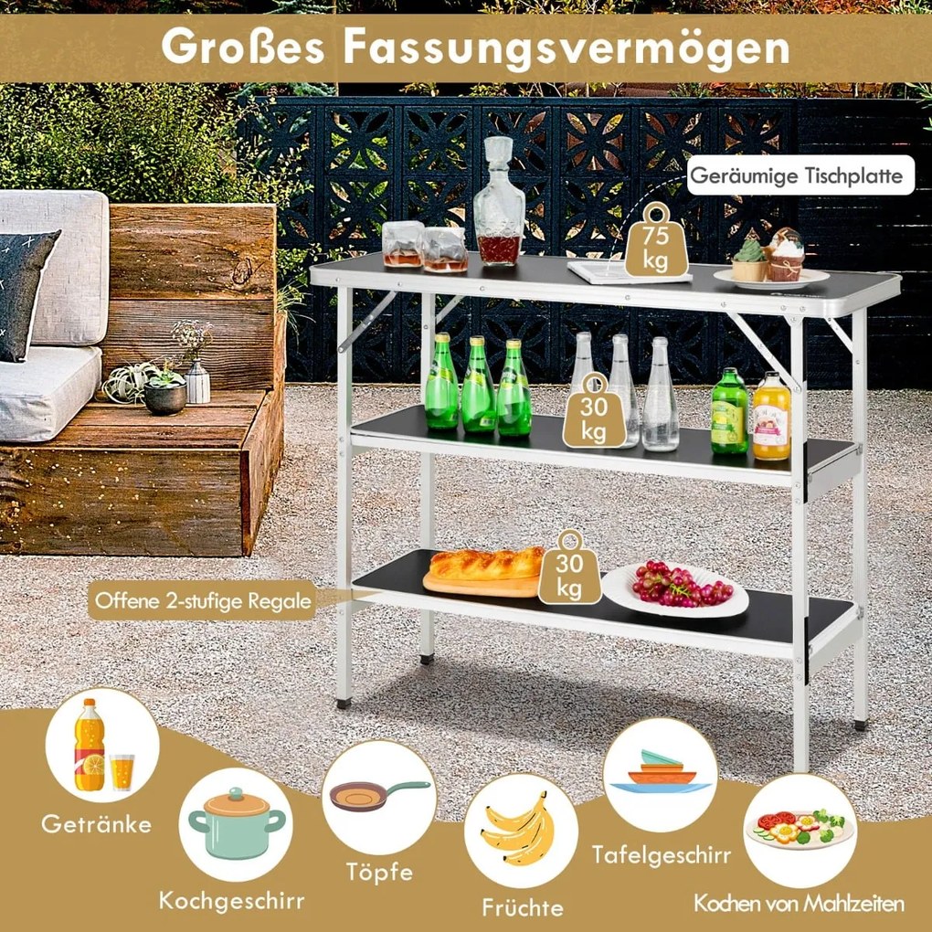 Costway Skládací hliníkový kempingový stůl se 2 patry Camping Cabinet, černý