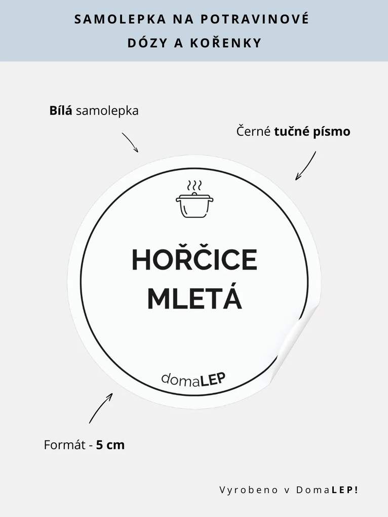 Samolepka na kořenky HOŘČICE MLETÁ bílá 5 cm tučné písmo