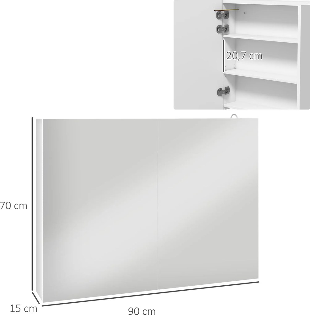 Kleankin nástěnná zrcadlová skříňka s LED osvětlením pro koupelnu 2-v-1, rozměry 90D x 15Š x 70V cm
