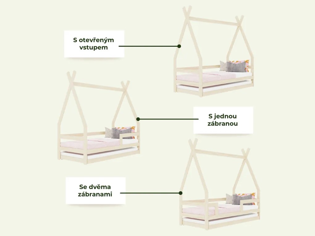 Benlemi Dětská dřevěná postel SAFE 5v1 ve tvaru teepee se zábranou a přistýlkou Zvolte barvu: Béžová, Zvolte rozměr: 90x160 cm, Zvolte zábranu: S jednou zábranou