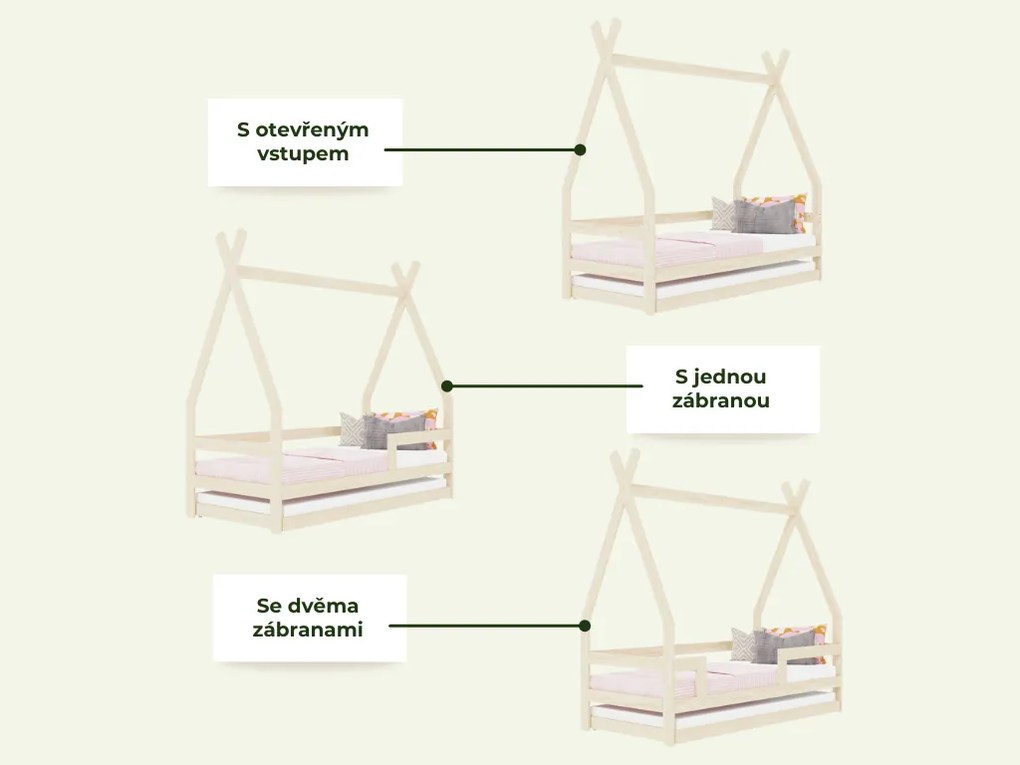Benlemi Dětská dřevěná postel SAFE 5v1 ve tvaru teepee se zábranou a přistýlkou Zvolte barvu: Béžová, Zvolte rozměr: 90x180 cm, Zvolte zábranu: S jednou zábranou