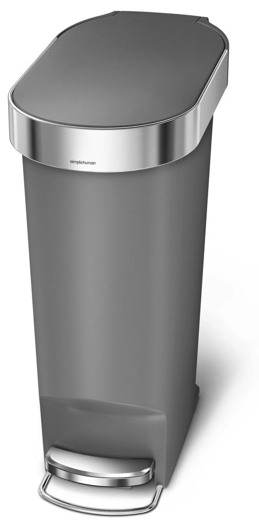 Simplehuman pedálový odpadkový koš, 40 l, šedý plast, úzký, oválný, s nerez krytem sáčku