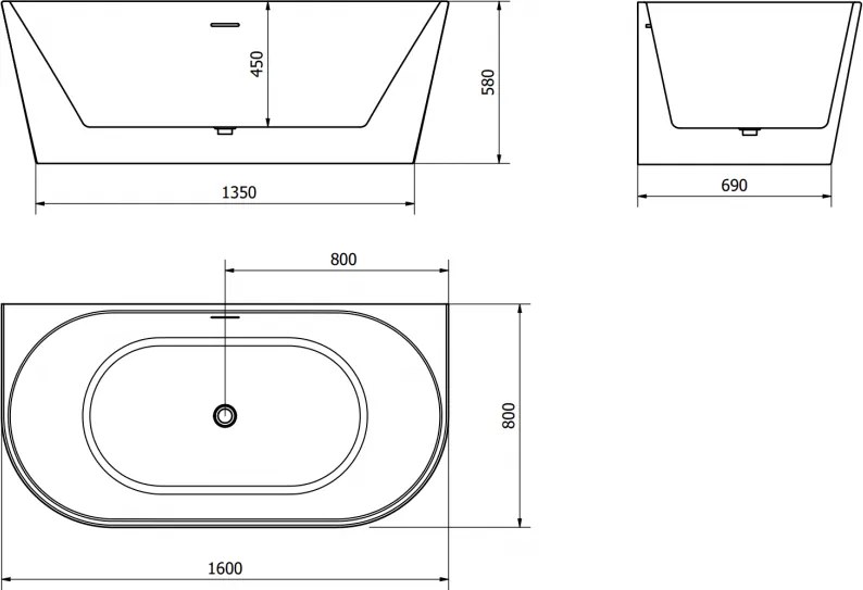 Mexen Oval, volně stojící nástěnná vana 160 x 80 cm, bílá-černá, zlatý lesklý přepad, 52671608075-50