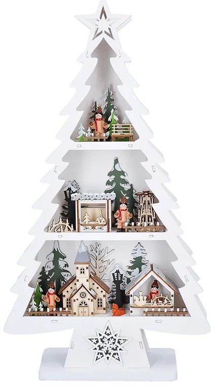 SOLIGHT LED dřevěný vánoční stromek s dekoracemi, 13x LED, bílá, 53cm, 2x AA
