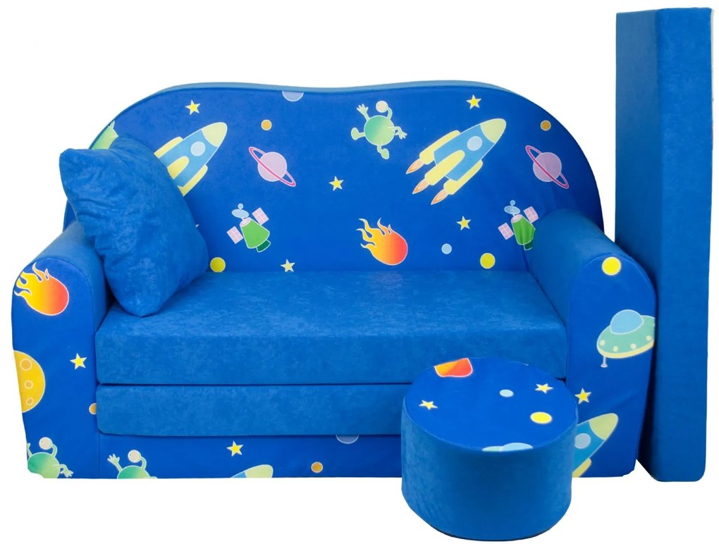 Dětská rozkládací pohovka + taburet Vesmír modrá