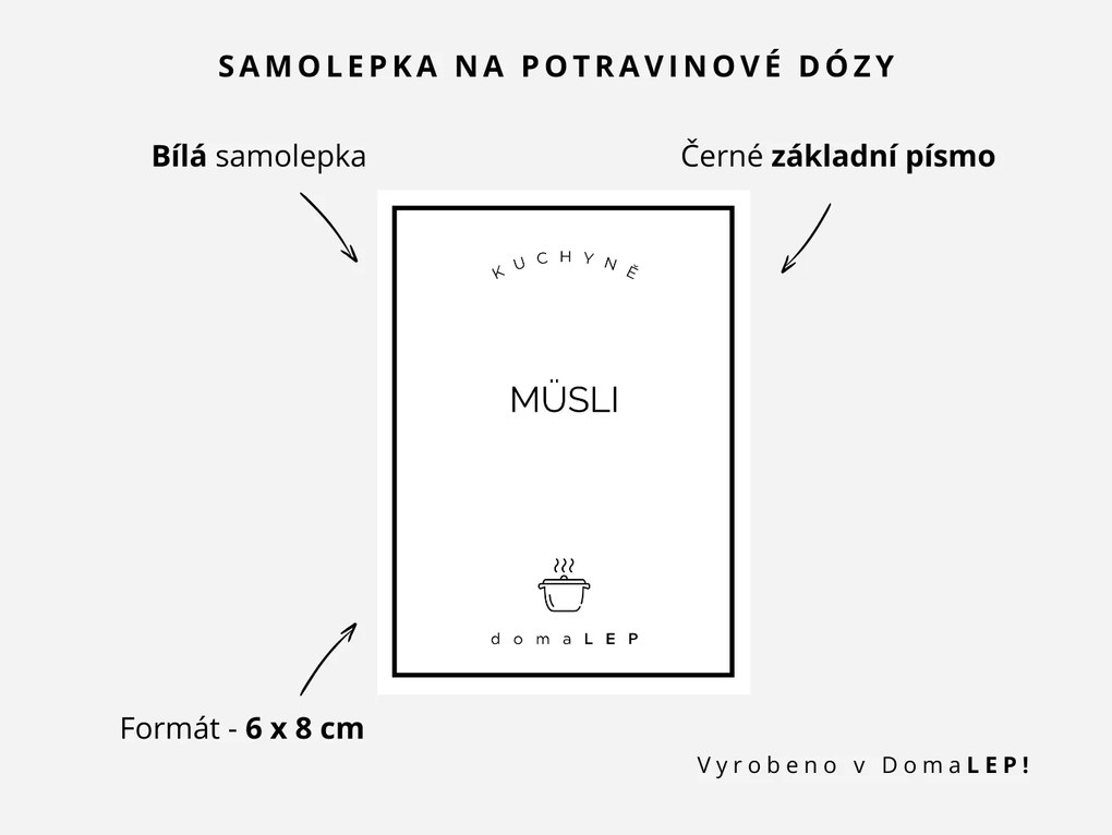 MÜSLI - omyvatelná samolepka na dózu, výběr rozměrů Ø 5 cm / 5 x 5 cm / 6 x 8 cm | DomaLEP tvar: OBDÉLNÍK, barva: BÍLÁ - ČERNÉ písmo, velikost: š. 6 cm x v. 8 cm – základní písmo