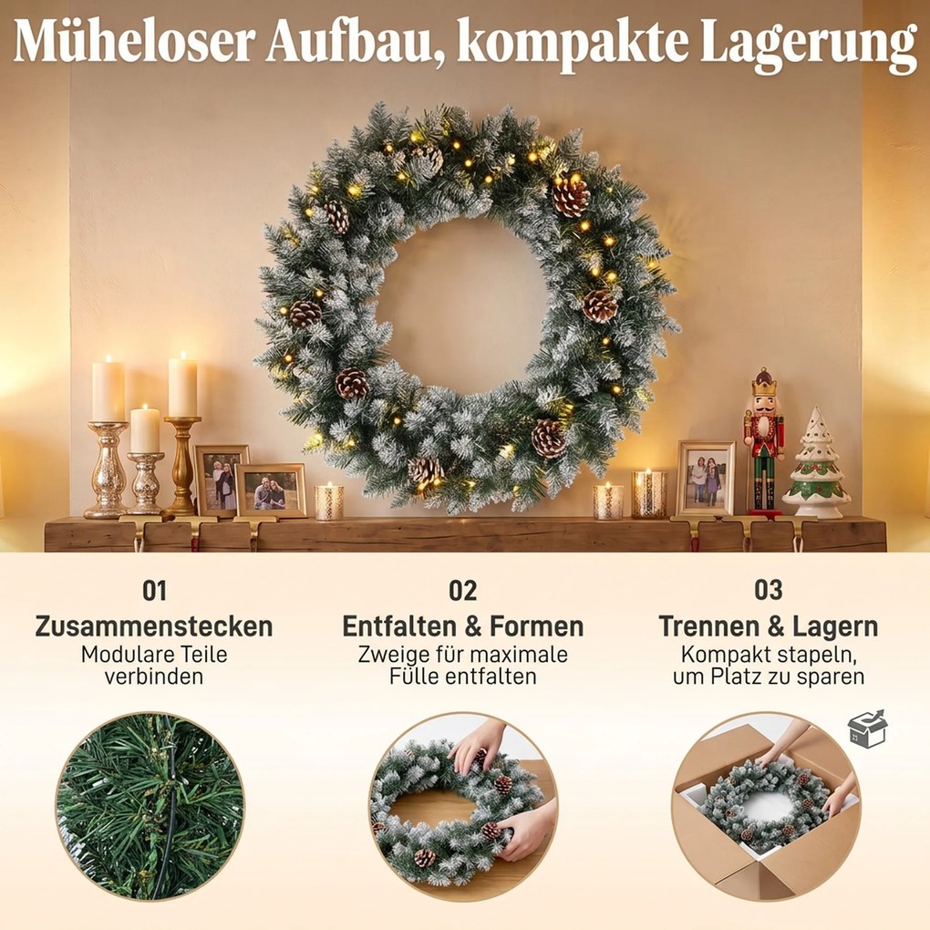 HOMCOM Vánoční věnec 60 cm Osvětlený věnec na dveře s 50 LED Šišky Umělý sníh na Vánoce Adventní dveře