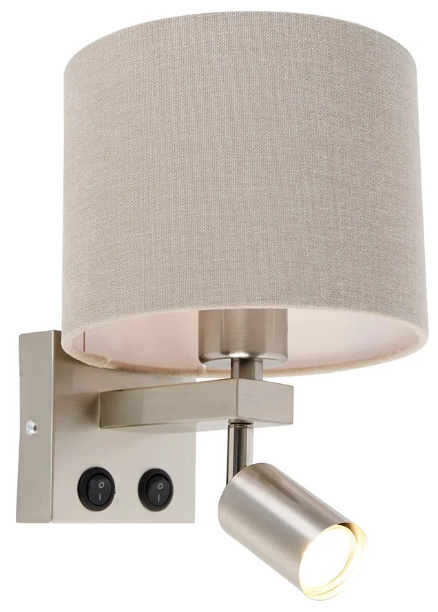 Nástěnná lampa z oceli s lampičkou na čtení a stínítkem 18 cm světle hnědá - Brescia