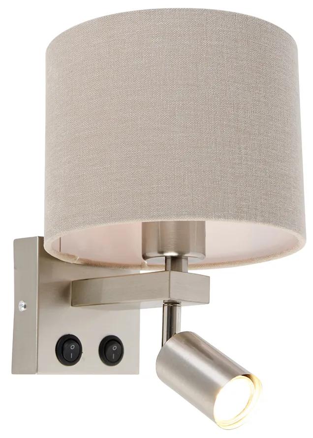 Nástěnná lampa ocelová s lampičkou na čtení a stínidlem 18 cm světle hnědá - Brescia