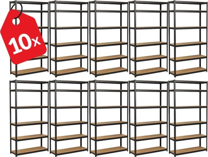 Akce 10x Regál 220x100x40 cm lakovaný 6-policový, nosnost 1050 kg - černý