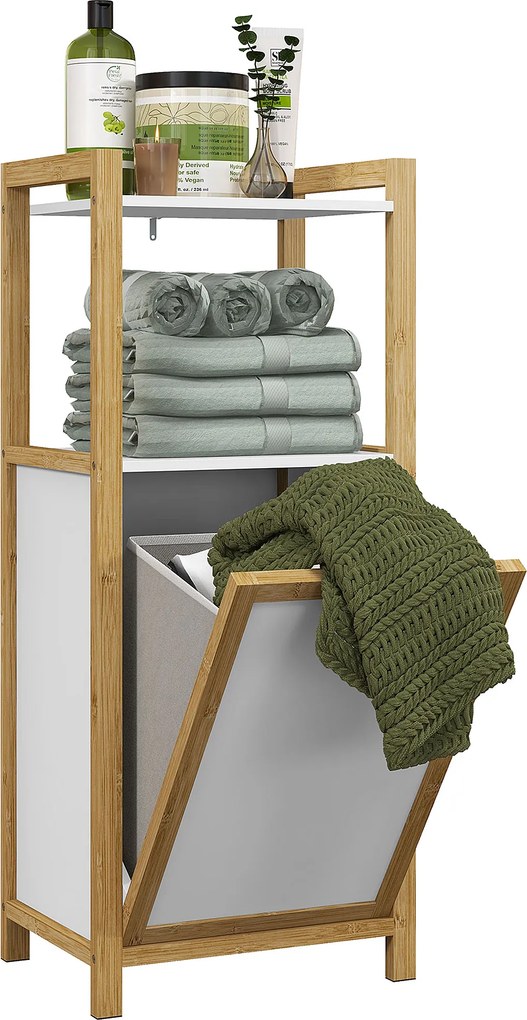 HOMCOM Bamboo Freestanding Laundry Hamper Cabinet - Koupelnová skříňka s proutěným košem - 2 police - 40L x 30Š x 86,5V cm