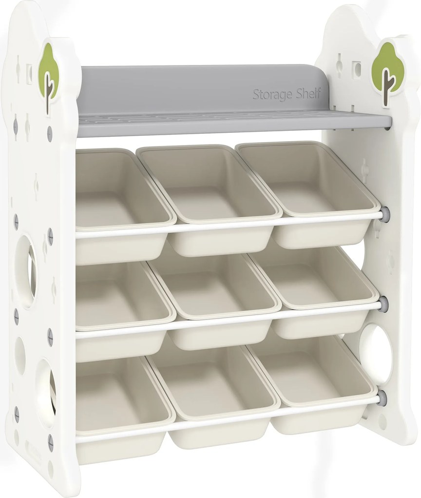Dětská police AIYAPLAY, 4 patra s 9 odnímatelnými boxy, úložná police, háčky, úložný systém pro školky, herny, 77 x 42 x 94 cm, krémová | Aosom