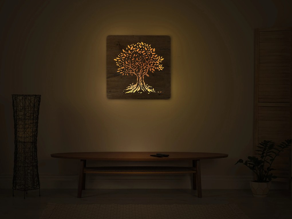 Li-Go "Dub" světelný obraz s baterií 62x62cm varianta ovládání: manuál/pohybové čidlo, provedení povrchu: jedle
