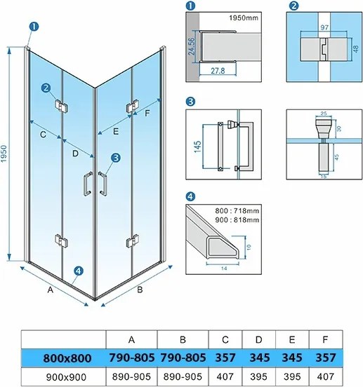 BPS-koupelny Čtvercový sprchový kout HYD-SK08B 80x80 zlatá kartáčovaná/transparent - bez vaničky