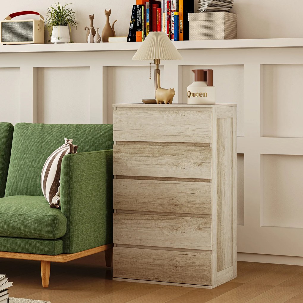 HOMCOM 5-zásuvková komoda do ložnice s moderním stylem a tichým uzavíracím mechanismem - 60 x 38 x 100 cm, Přírodní dřevo