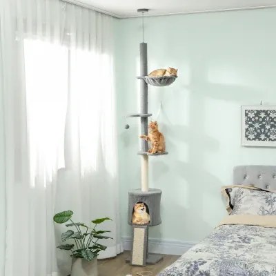 PawHut od podlahy ke stropu nastavitelný škrabadlo 220-240 cm s houpací sítí, květinovými plošinami, skrýší, rampou, míčkem, světle šedá