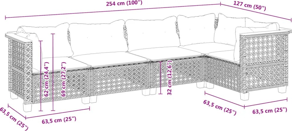 5dílná zahradní sedací souprava s poduškami černá polyratan 3261812