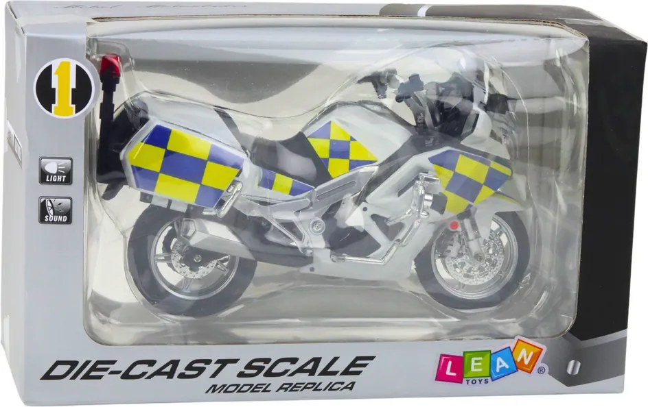 LEAN Toys Policejní motocykl z kovu se světly a zvuky, bílý, měřítko 1:12