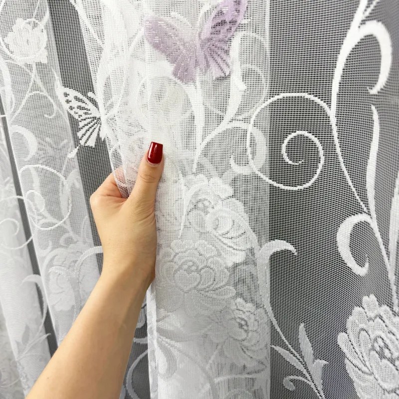 Hotova žakárová oblouková záclona bílá fialoví motýli 180x320 Ervi 7514