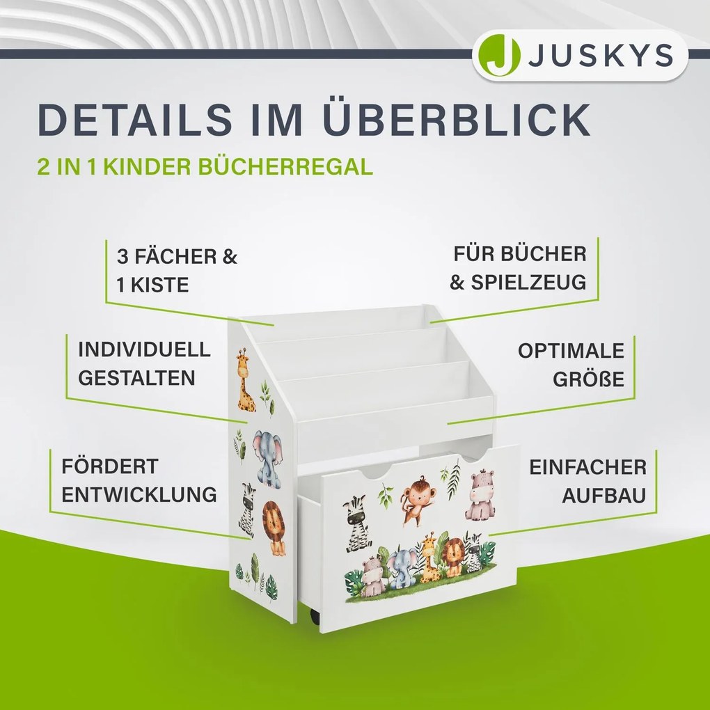 Juskys Dětská knihovna se třemi přihrádkami a boxem na hračky