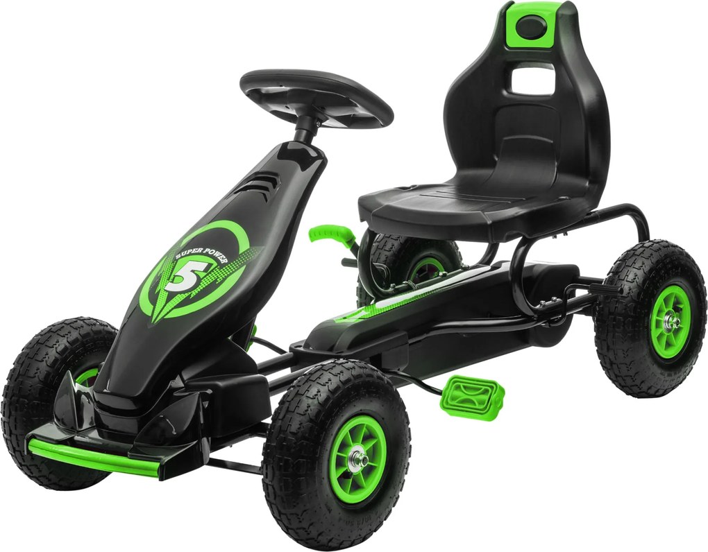 HOMCOM Go-Kart, Dětské vozidlo s nastavitelným sedadlem, Pedálový go-kart s gumovými koly, Pedál a ruční brzda, Kettcar pro děti 5-12 let, Venku, Zele