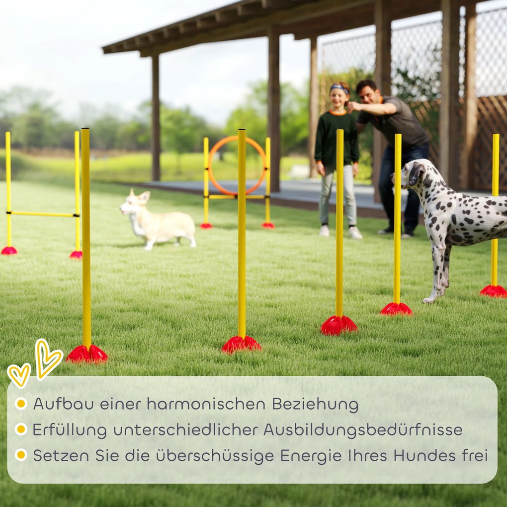 PawHut Agility Set pro psy - 3dílná výbava na agility pro výcvik psů, skokové překážky s nastavitelnými slalomovými tyčemi a kruhy pro koordinaci