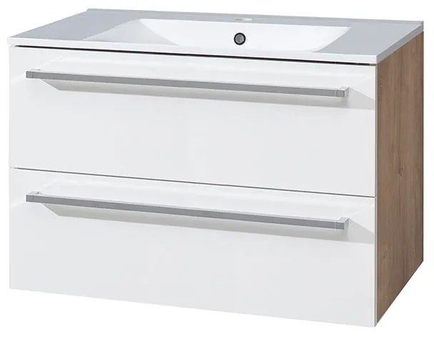 Mereo Bino, koupelnová skříňka s keramickým umyvadlem 81 cm, bílá/dub - CN671