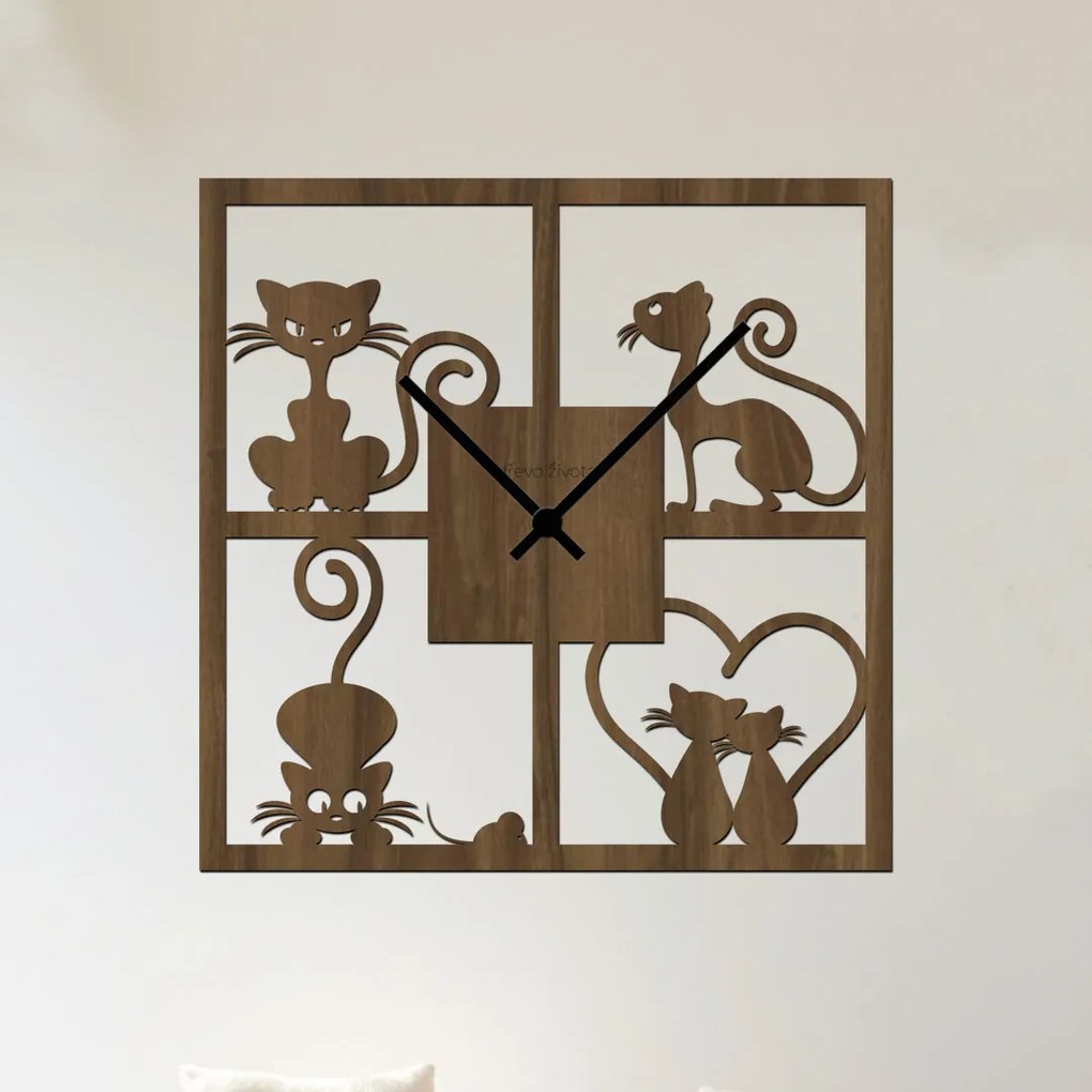 dřevo života Nástěnné hodiny KOČKY Zvolte barvu dekoru: Bílá, Zvolte velikost hodin (cm): 35x35, Barva ručiček: Černé