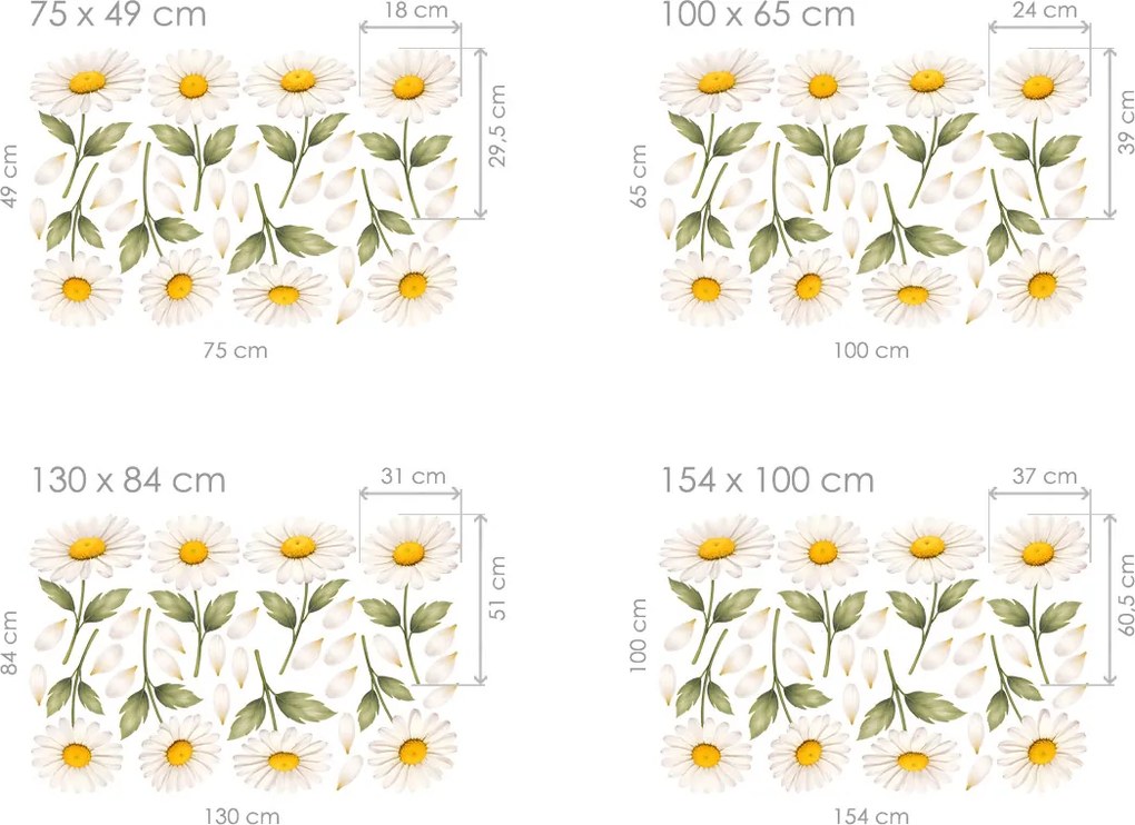 Květiny kopretiny textilní přelepitelné samolepky na zeď arch 75 x 49 cm