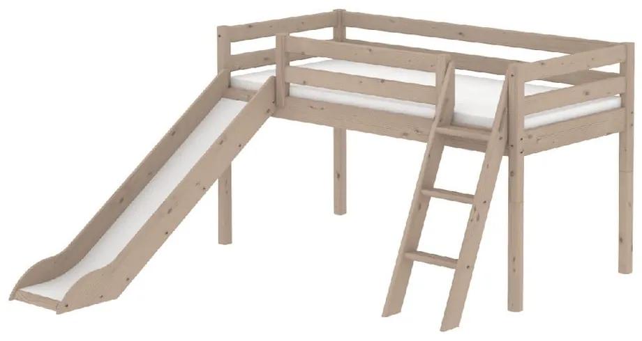 Hnědá středně vysoká dětská postel z borovicového dřeva se skluzavkou a žebříkem Flexa Classic, 90 x 200 cm