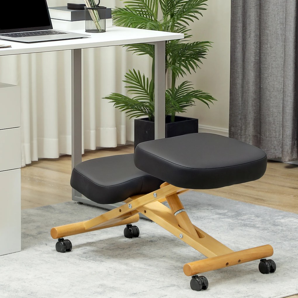 HOMCOM Ergonomická Výškově Nastavitelná Kolenní Židle, Ergonomická Židle do Kanceláře a Domova, Dřevěný Kolenní Stolek na Kolečkách, Černá
