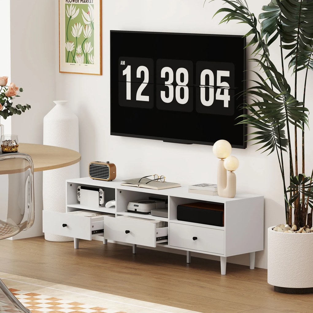 TV stolek HOMCOM s přihrádkami a šuplíky, 140 cm dlouhý TV konzole pro TV do 75 palců s úložným prostorem a organizací kabelů, bílý 140x34x45cm