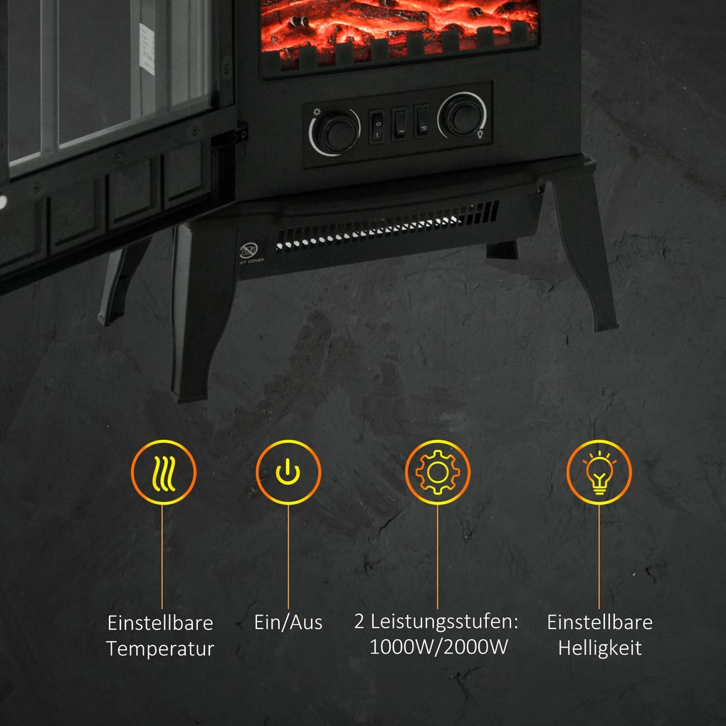 HOMCOM 2000W elektrický krb s LED efektem plamene, tichý, elektrická kamna s ochranou proti kovovému ohřevu