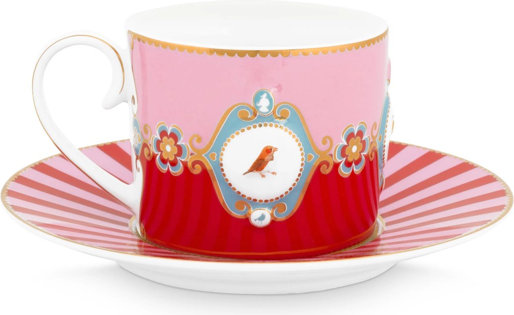 Pip Studio Love Birds sada 2 ks cappuccino šálků s podšálky 225 ml, červeno-růžová (Cappuccino sada v dárkovém balení)
