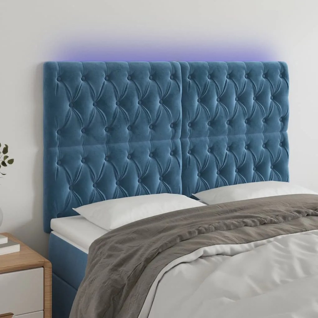 Čelo postele s LED tmavě modré 144x7x118/128 cm samet 3122812